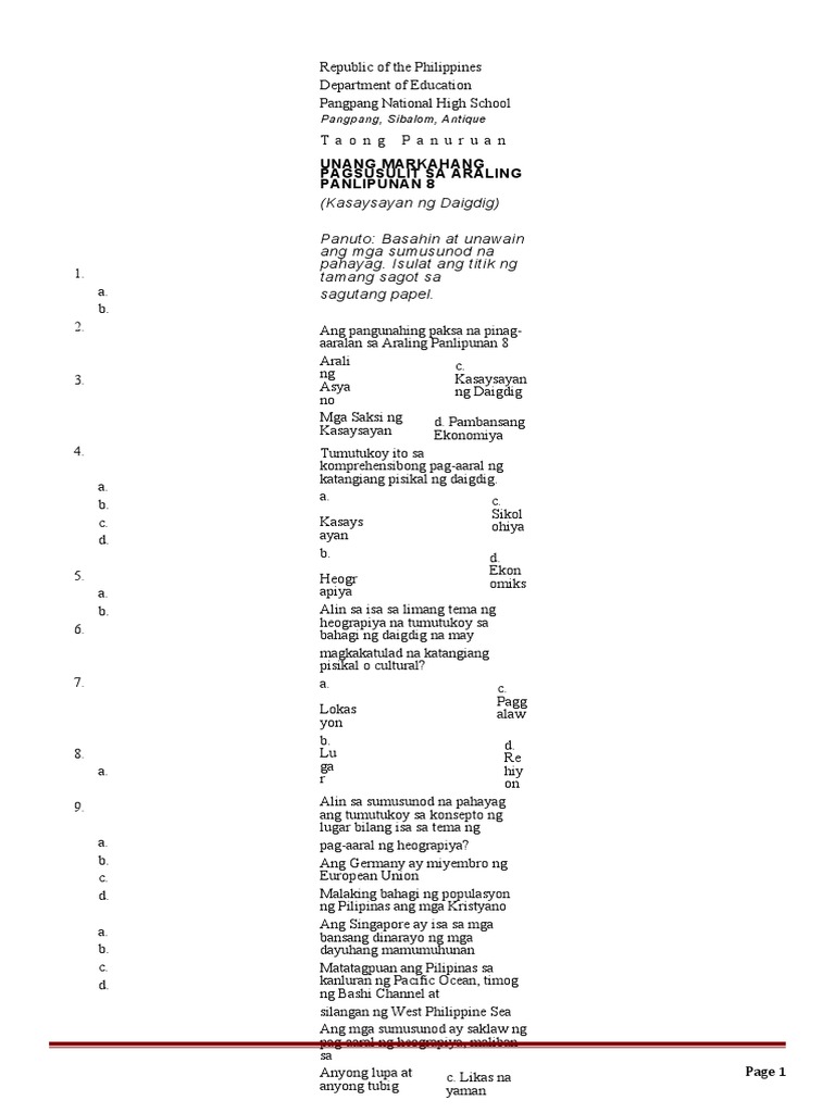 PT - Araling Panlipunan 8 - Q1 | PDF
