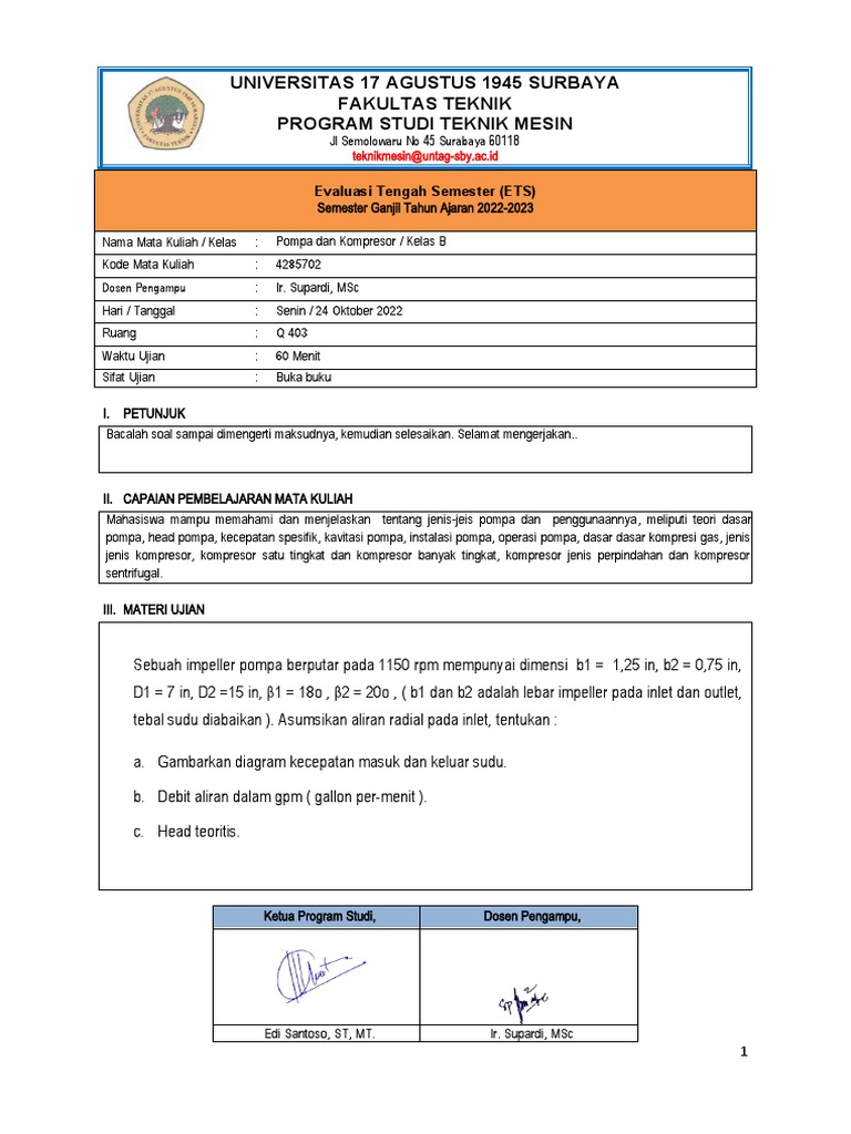 Soal Ets Pompa Dan Kompresor Kelas B | PDF