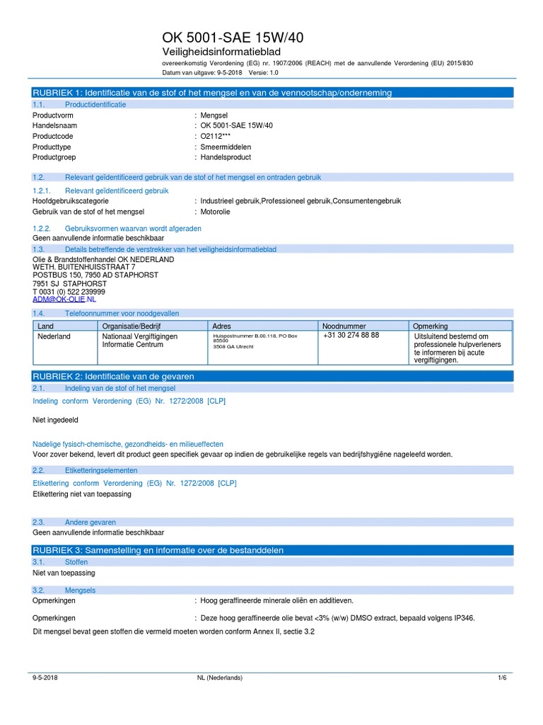 OK Motorolie 15W40 - Msds - Ok - O2112-5001-15w-40 | PDF