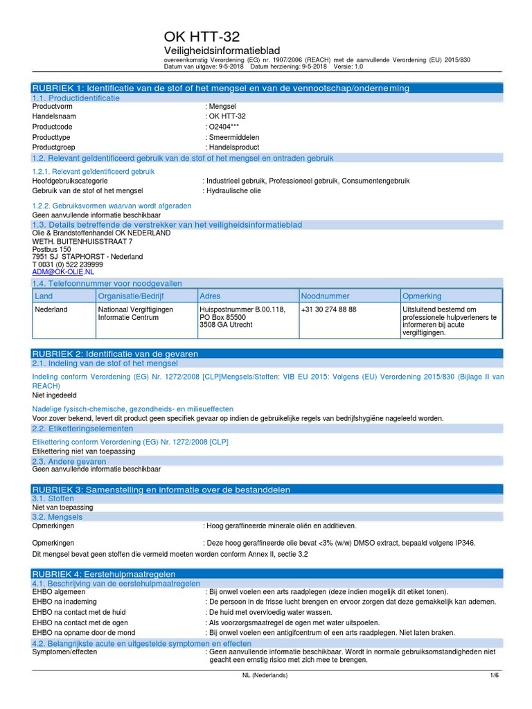 Hydrauliek Olie HV32 - Msds - Ok - O2404-Htt-32 | PDF