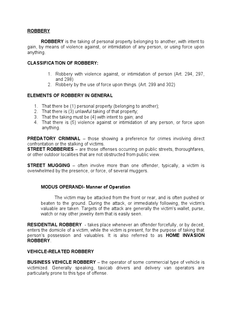 Types of Robbery Crimes and Evidence | PDF | Robbery | Carjacking