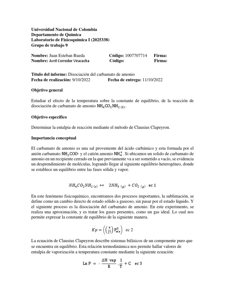 Carbamato de Amonio-Informe | PDF | Equilibrio químico | Entalpía