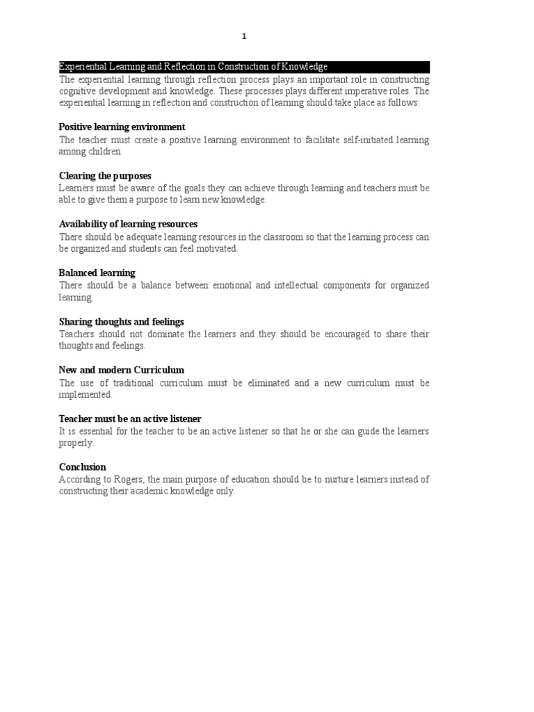Experiential Learning And Reflection In Construction Of Knowledge Pdf