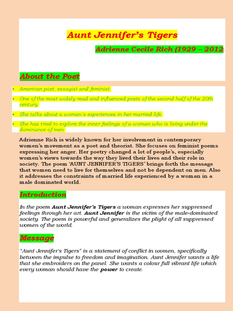 Aunt Jennifer's Tigers: A Feminist Analysis | PDF | Poetry