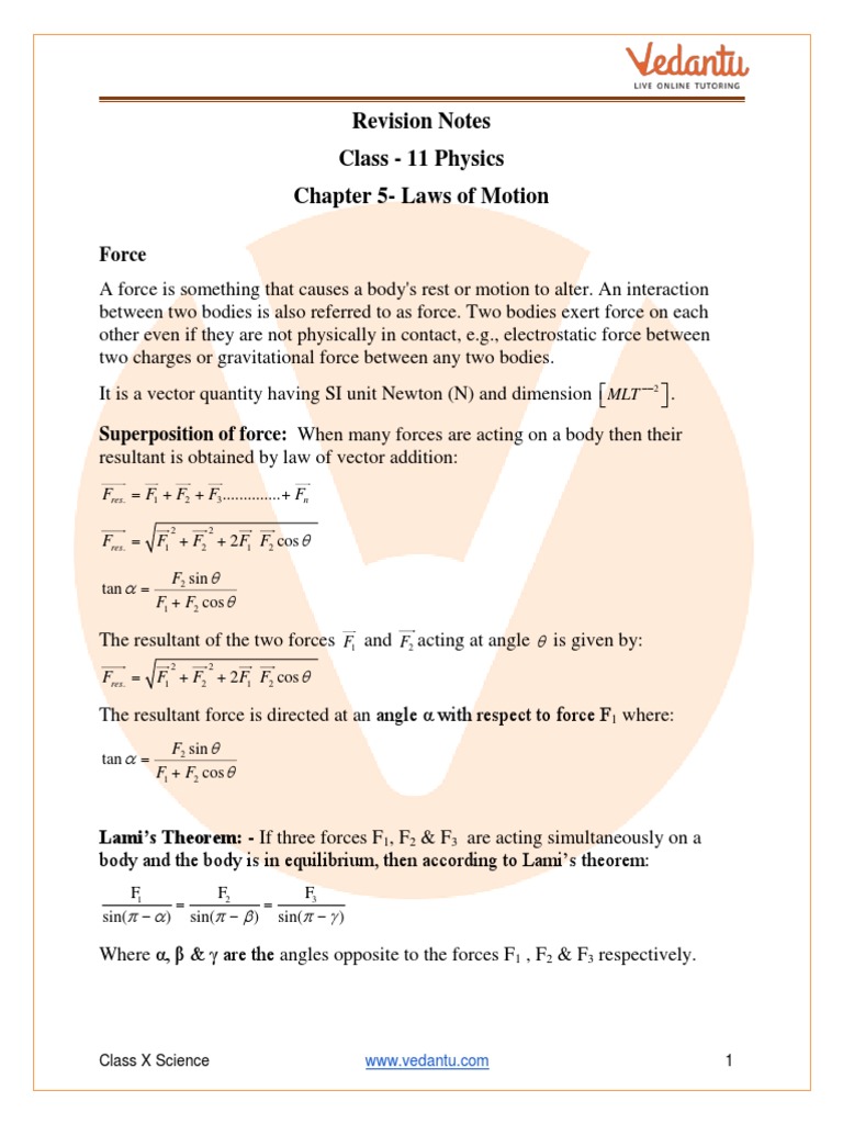 Class 11 Physics Revision Notes Law of Motion | PDF | Force | Friction
