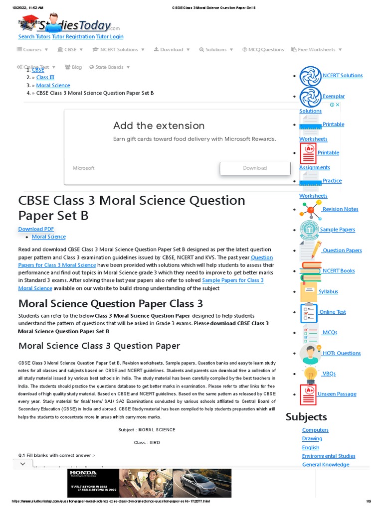 CBSE Class 3 Moral Science Question Paper Set BHH | PDF | Multiple ...