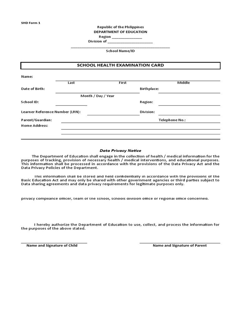 SHD Form 1 Etc Aug 4 | PDF | Human Tooth | Information Privacy