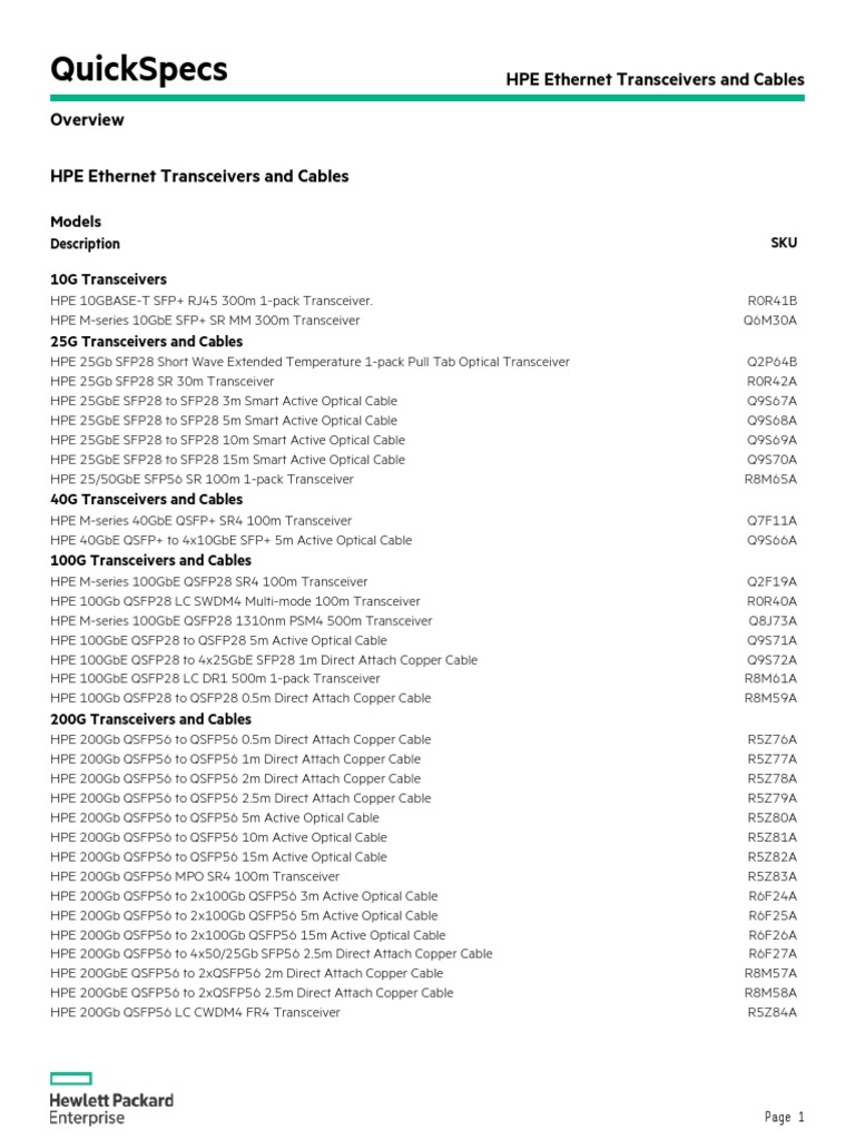 HPE Ethernet Transceivers and Cables-A00021855enw | PDF | Optical Fiber ...