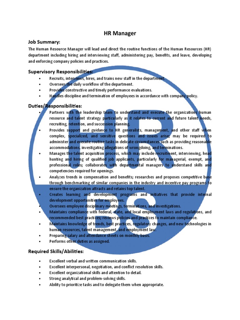 Job Description HR Manager | Download Free PDF | Human Resource ...