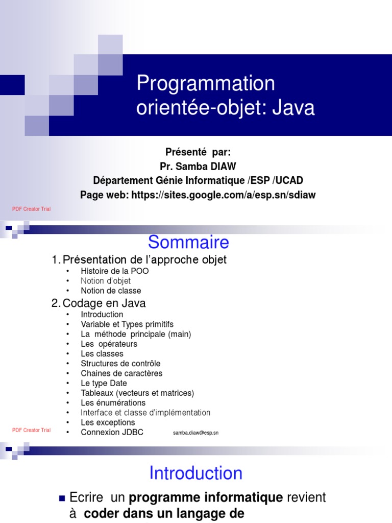 Programmation Oriente Objet Java 1167 Descargar Gratis Pdf Classe Informatique