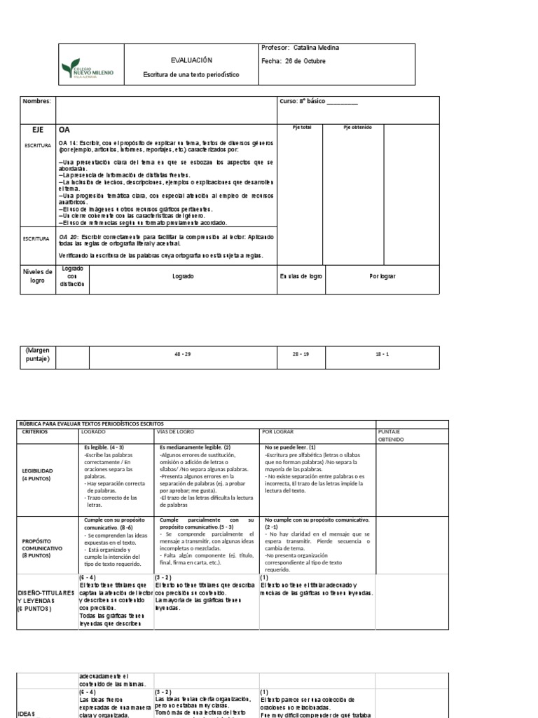 RÚbrica Para Evaluar Textos PeriodÍsticos Escritos Daniella Pdf 5831