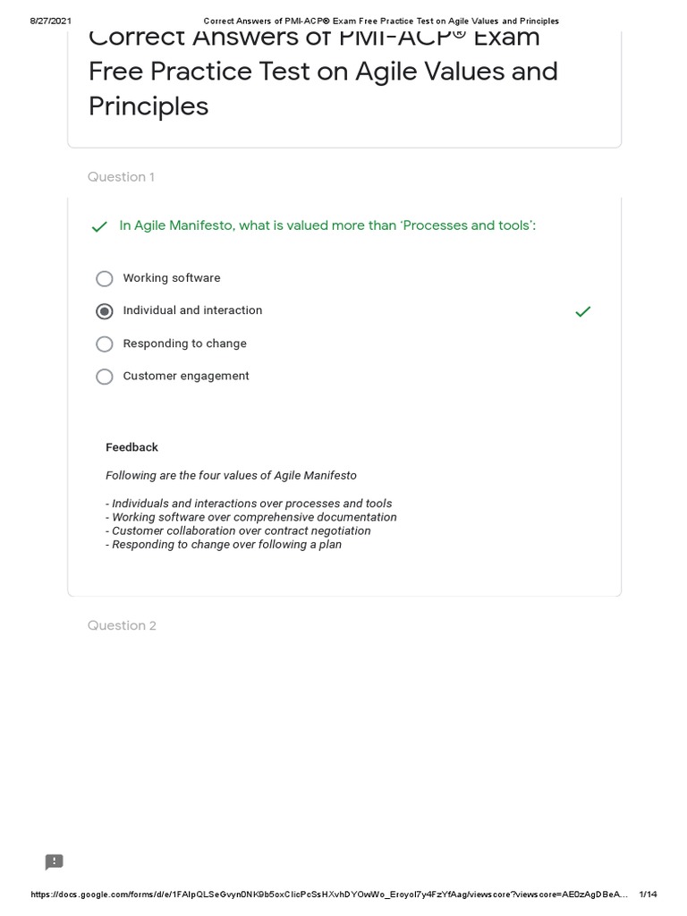 Correct Answers of PMI-ACP® Exam Free Practice Test on Agile Values and ...