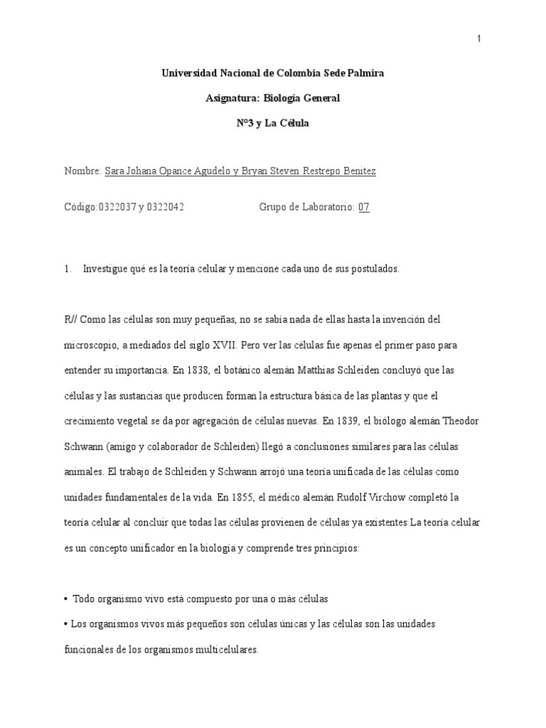 Bryan Steven Restrepo Benitez - Taller 3: La Célula | PDF | Biología ...