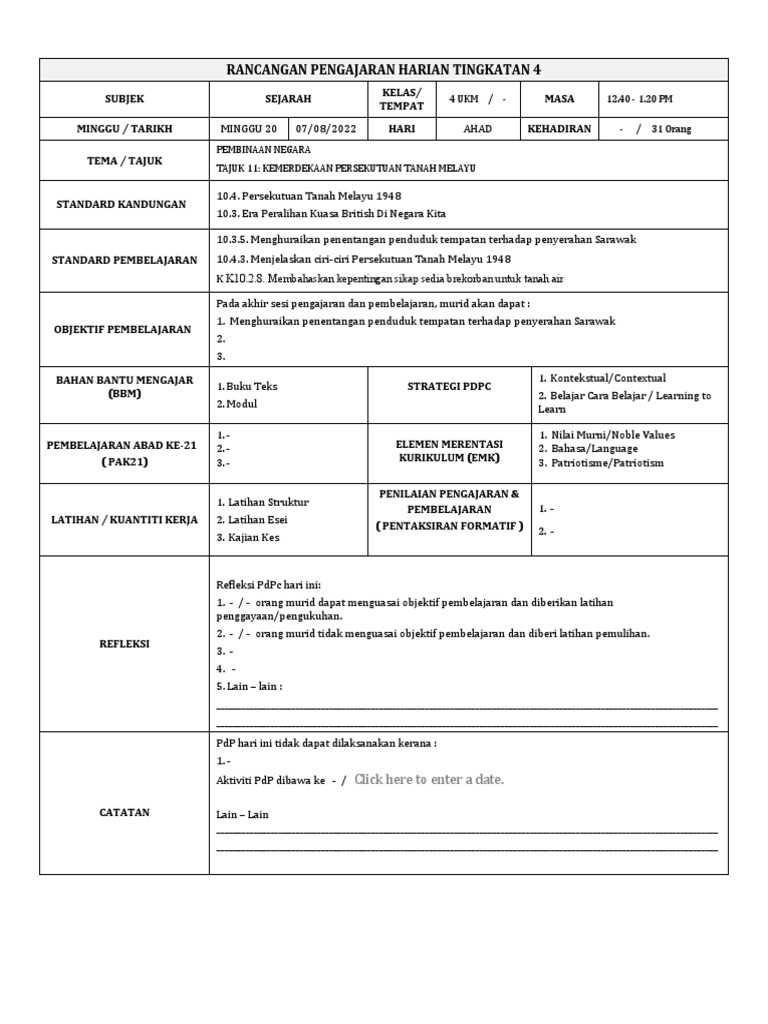 RPH Tingkatan 4 Bab 5 Minggu 20 07 Ogos 2022 | PDF