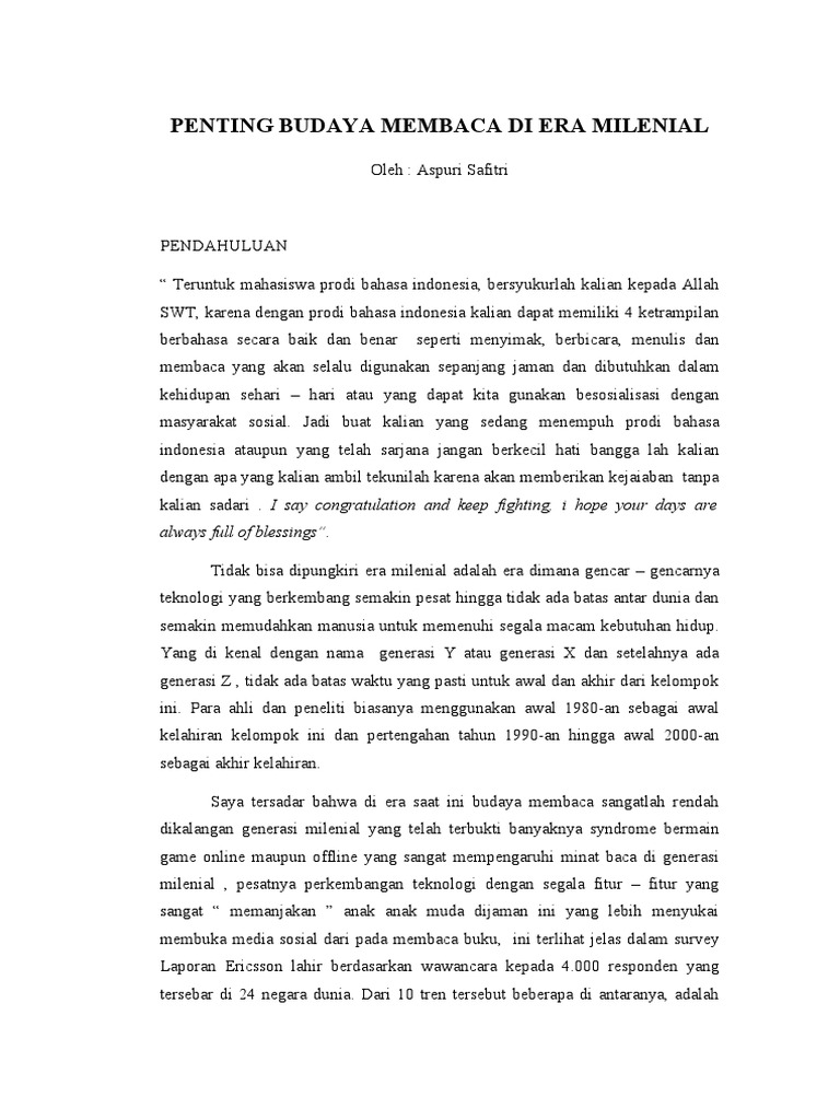 PENTING BUDAYA MEMBACA DI ERA MILENIAL Aspuri Fikss | PDF