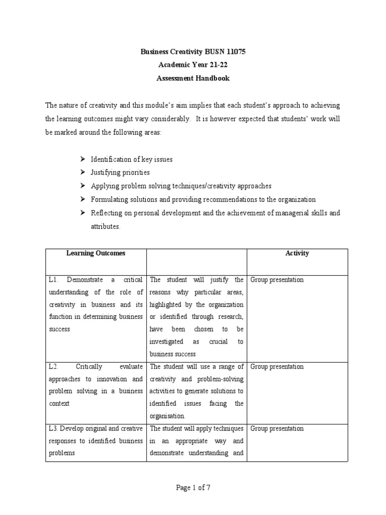 Business Creativity Assessment 2021-22 FT DL TNE NEW | PDF | Creativity ...