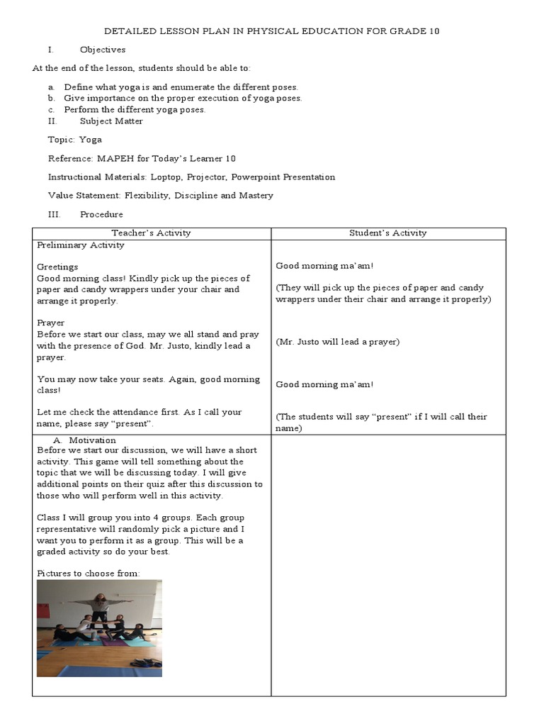 Detailed Lesson Plan in Physical Education For Grade 10 | PDF | Yoga ...