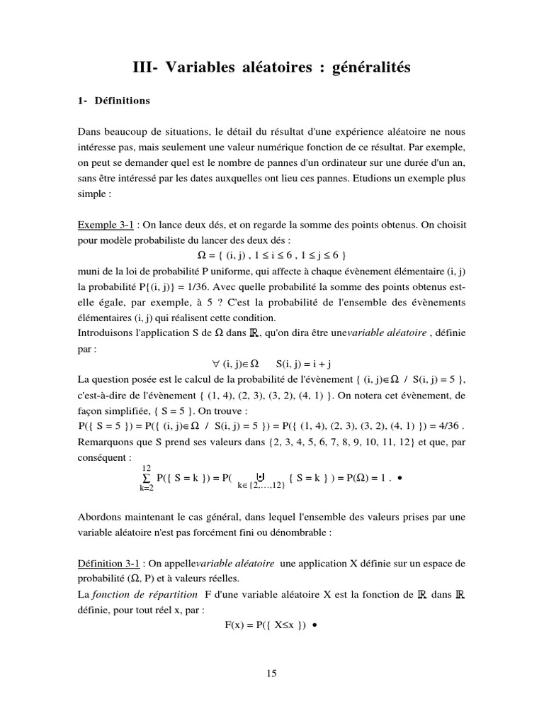 Introduction aux variables aléatoires | PDF | Loi de probabilité ...