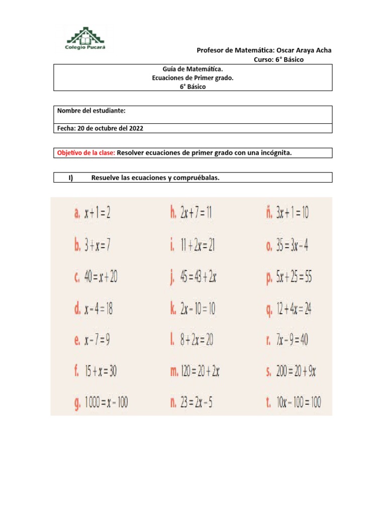 Guía de Matemática Ecuaciones 6° Básico | PDF