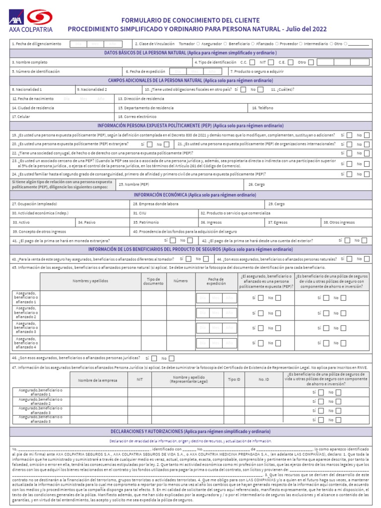 Norma Sarlaft - Formulario Persona Natural - Julio 2022 | PDF | Seguro | Póliza de seguros