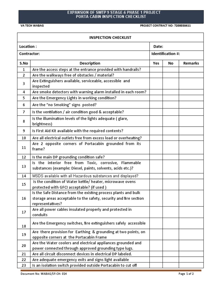 Portacabin Inspection Checklist | PDF | Ac Power Plugs And Sockets ...