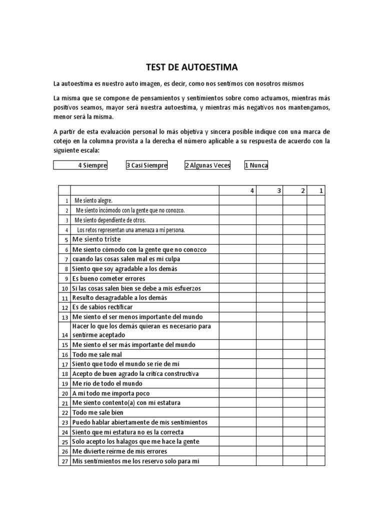 Test de Autoestima | PDF | Autoestima | Sicología