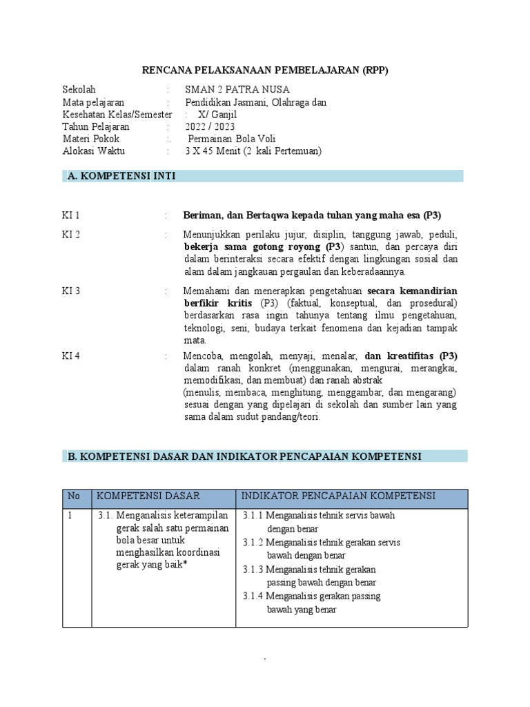 RPP Bola Voli Kelas X SMAN 2 | PDF