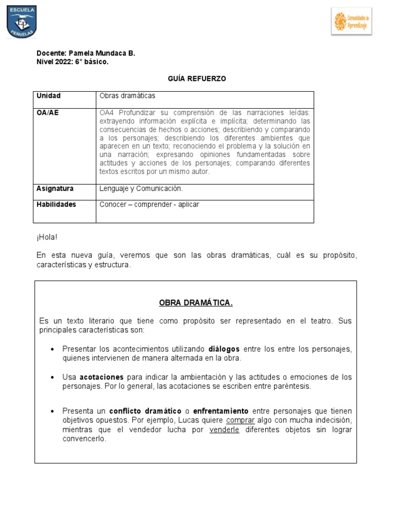 Guía sobre Obras Dramáticas para 6° Básico | PDF | Narración | Teatro
