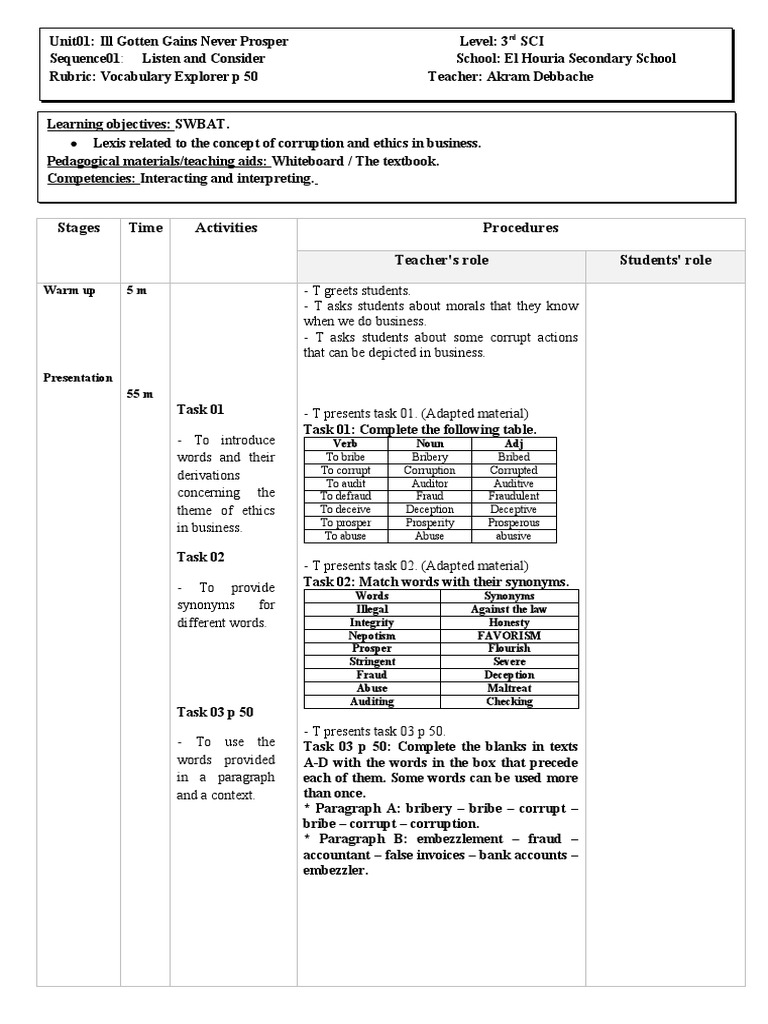 Lesson Plan - Listen & Consider - Sequence 1 - Vocabulary Explorer - Ethics in Business - 3rd ...