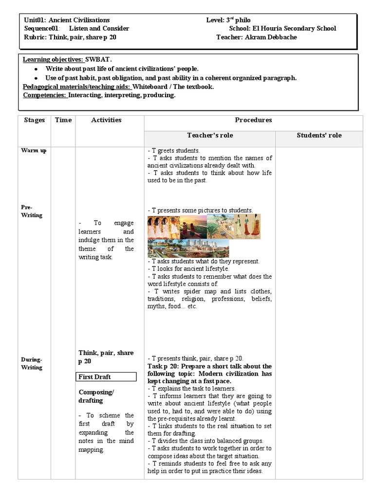 Lesson Plan - Listen & Consider - Sequence 1 - Think, Pair, Share P 20 - Ancient Civilizations ...