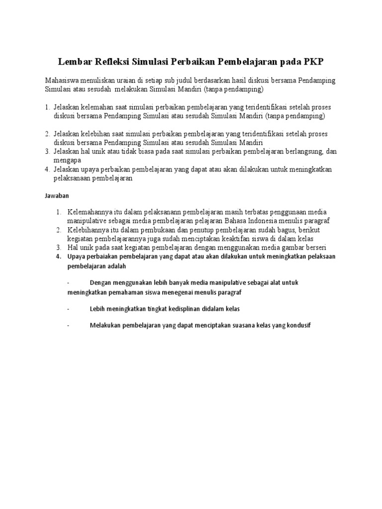 Lembar Refleksi Simulasi Perbaikan Pembelajaran PKP | PDF