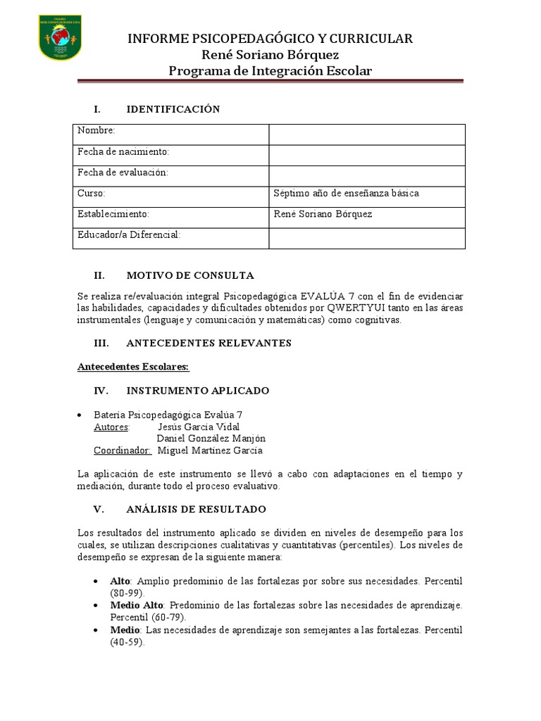 Formato Informe Psicopedagógico - EVALÚA 7 | PDF | Números | Aprendizaje