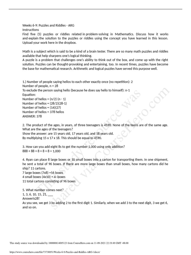Weeks 6 9 Puzzles and Riddles ARG 1 | PDF | Science | Mathematics
