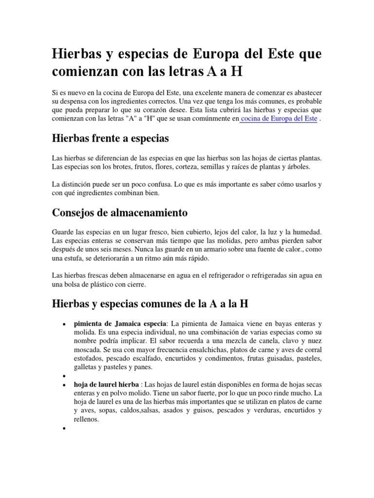 Hierbas y Especias de Europa Del Este Que Comienzan Con Las Letras A A ...