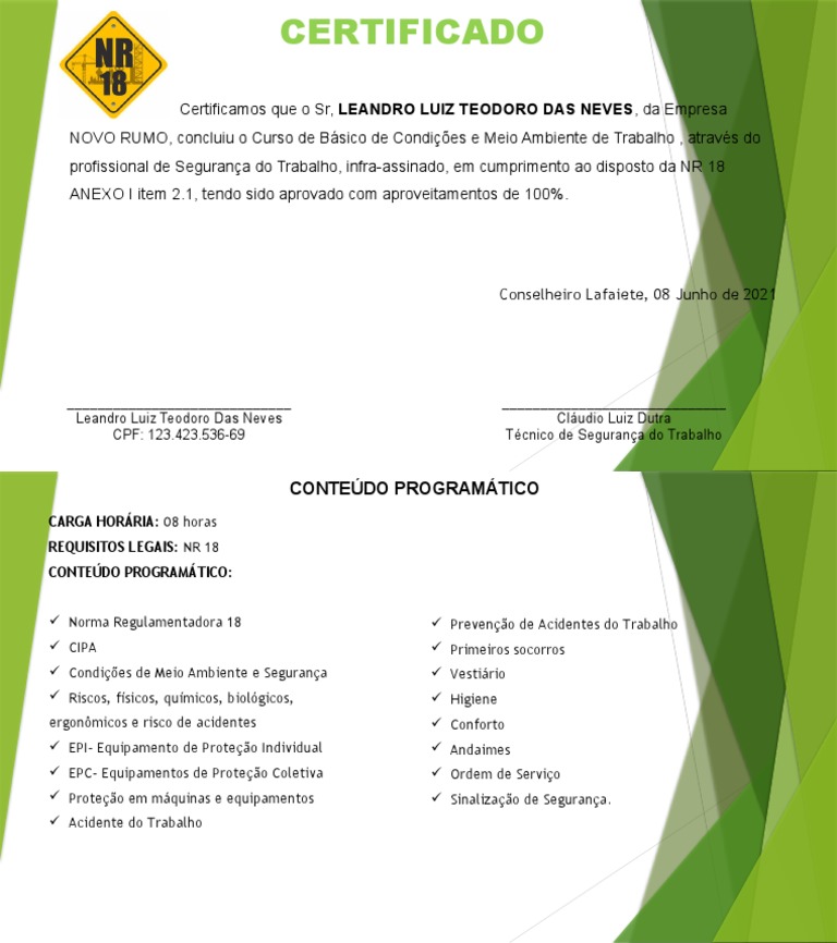 Certificado NR 18 | PDF