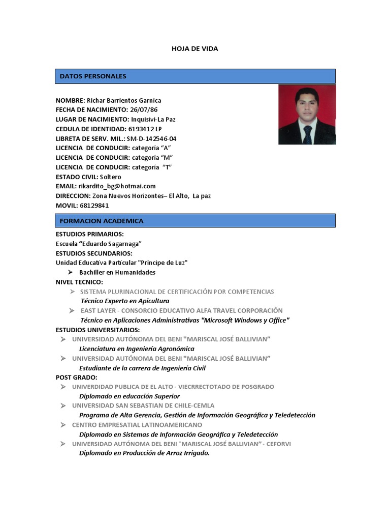Curriculum Vitae Richard Barrientos | PDF | Bolivia | Educación más alta