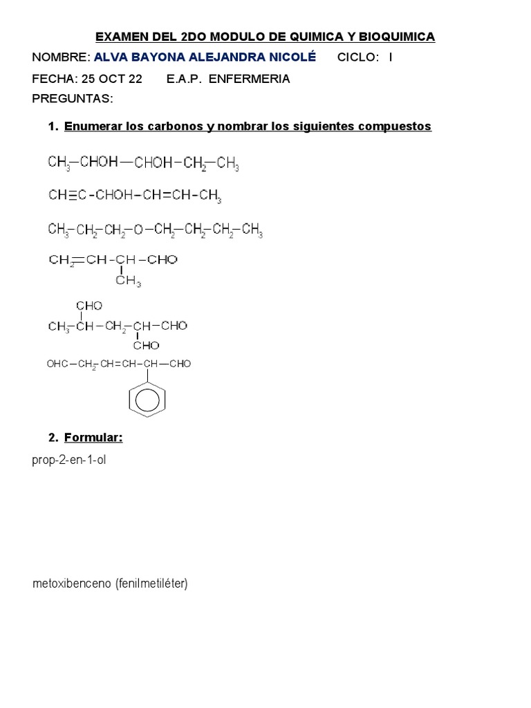 Examen Del 2do Modulo de Quimica y Bioquimica - Enfermeria 2022 | PDF | Ácido | Ph