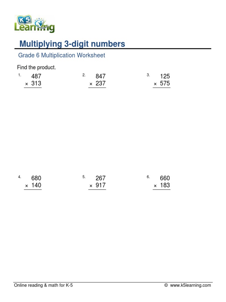 Grade 6 Multiplication 3 Digits by 3 Digits A | PDF