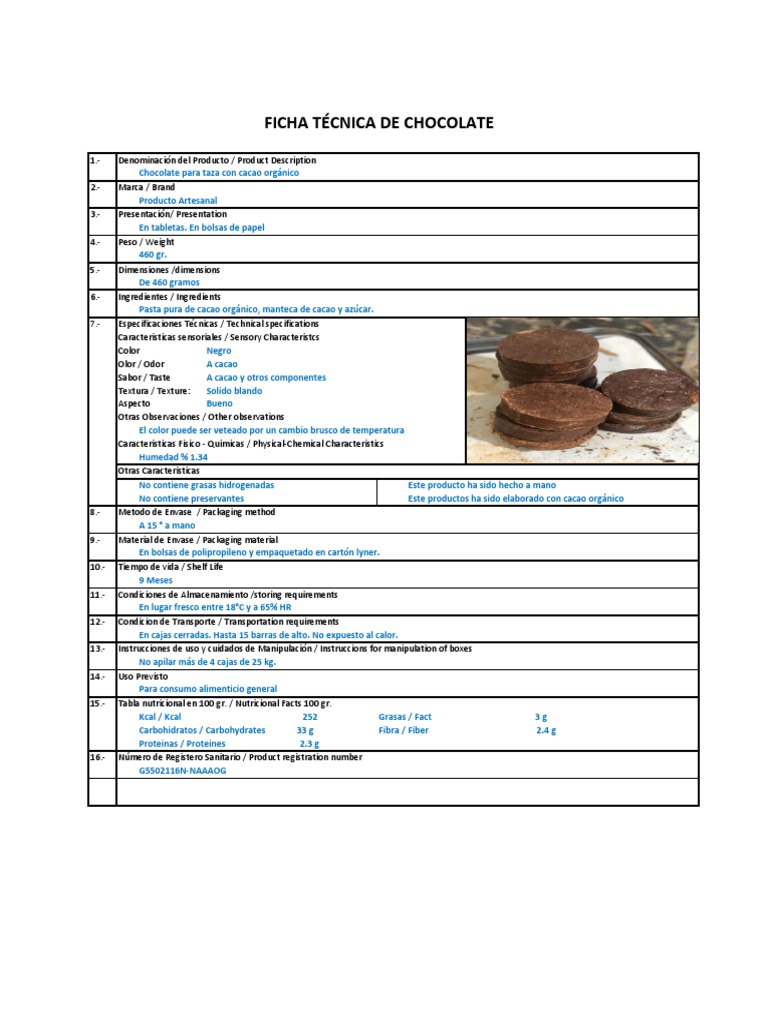 Ficha Tecnica Chocolate | PDF | Chocolate | Alimentos