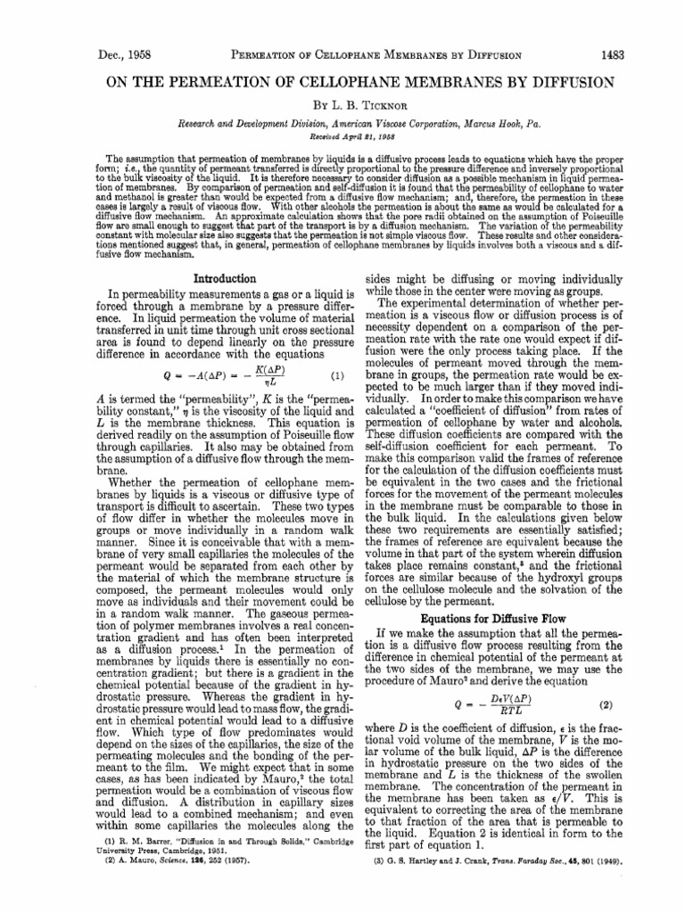 Ticknor 1958 | PDF | Diffusion | Viscosity