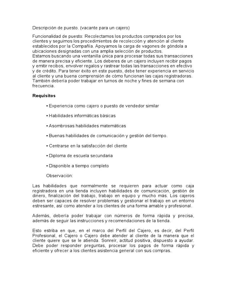 Descripción de Puesto | PDF | Cajero | Cliente