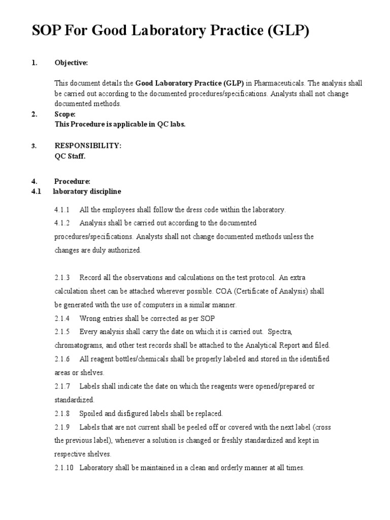 SOP of Good Laboratory Practice | PDF | Laboratories