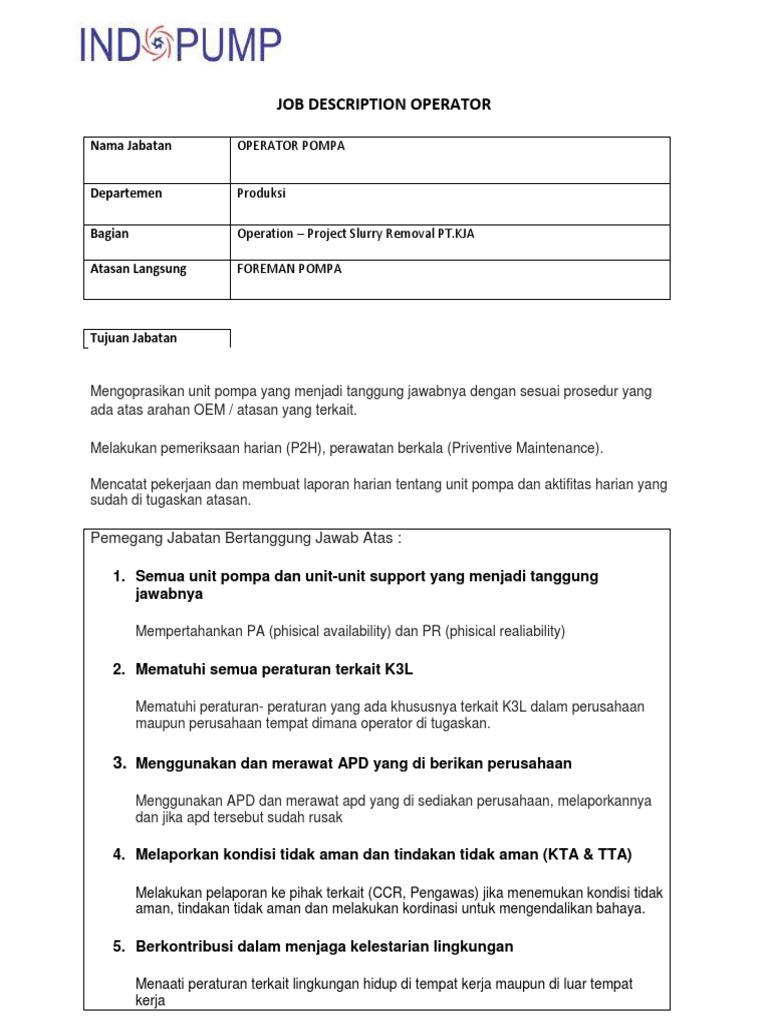 Deskripsi Pekerjaan Operator Pompa | PDF