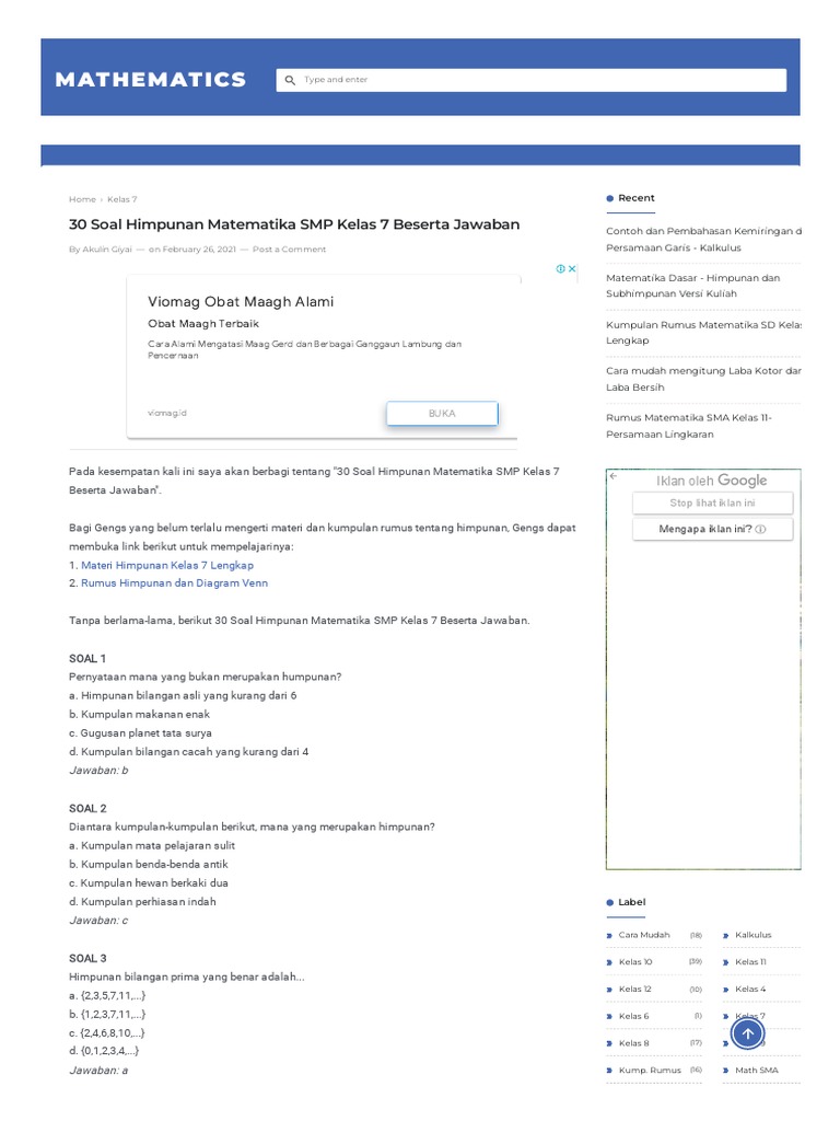 30 Soal Himpunan Matematika SMP Kelas 7 Beserta Jawaban - Mathematics | PDF