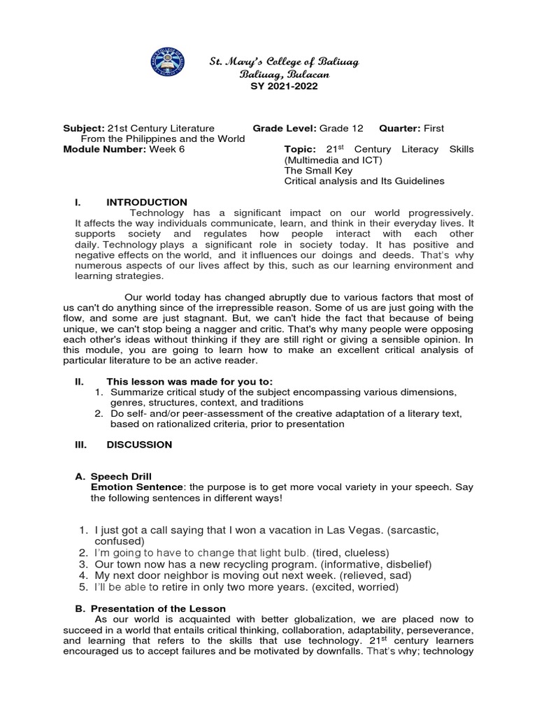 Module 6 Grade 12 Literature Pdf English As A Second Or Foreign