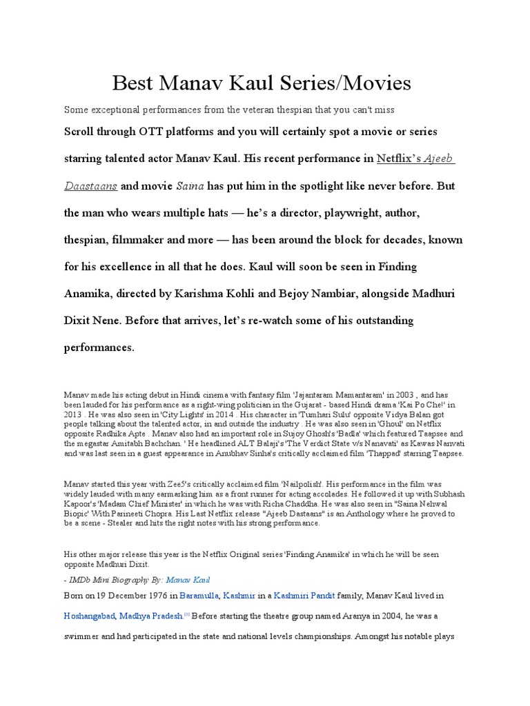 Manav Kaul's Best Roles on OTT | PDF | Cinema Of India