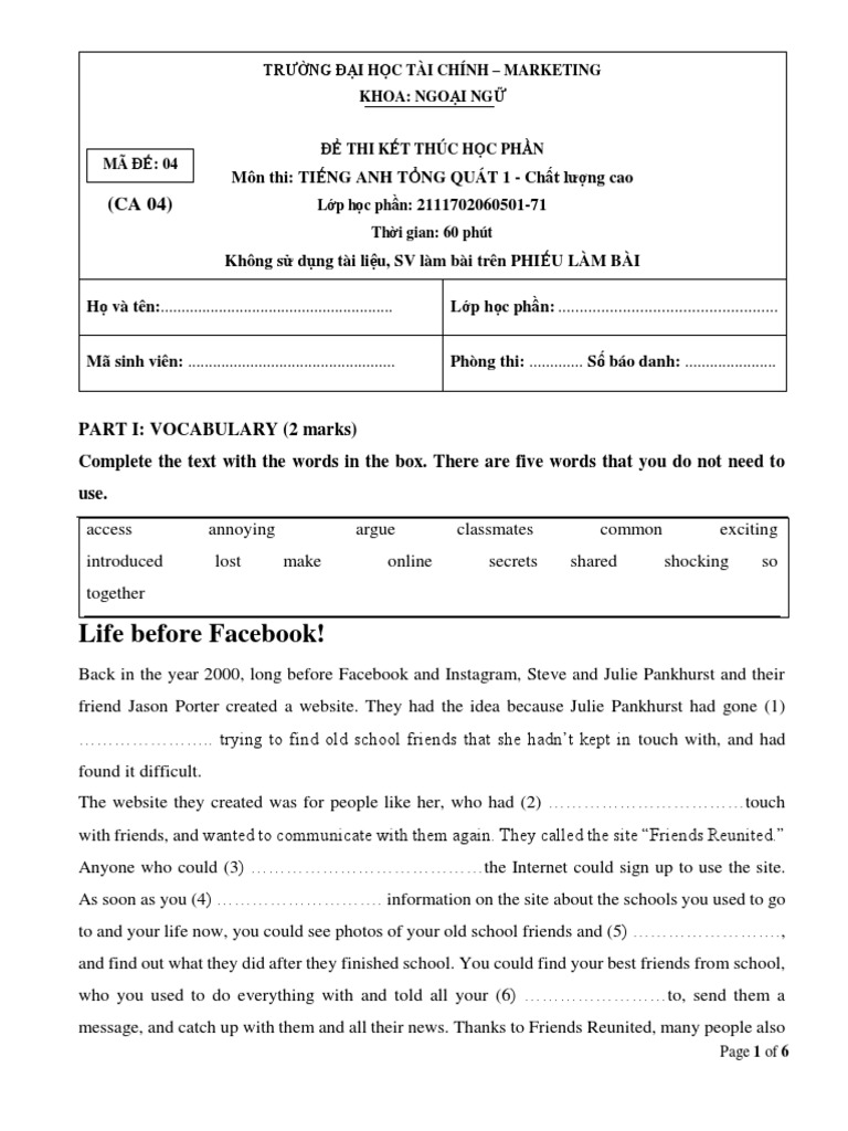 CA 4 - 27.12.2021 - Đề 4 - Tiếng Anh tổng quát 1 CLC | PDF | Old Age