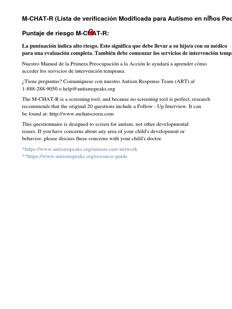 M-CHAT-R (Lista de Verificación Modificada para Autismo en Niños Pequeños, Revisada) | PDF