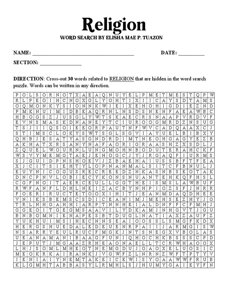 Religion Crossword Puzzle | PDF | Word Search | Puzzles