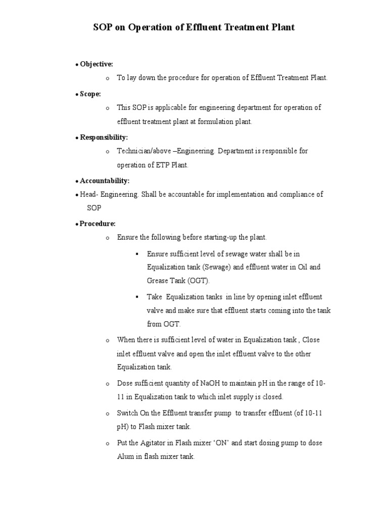 SOP On Operation of Effluent Treatment Plant | PDF | Sewage Treatment ...